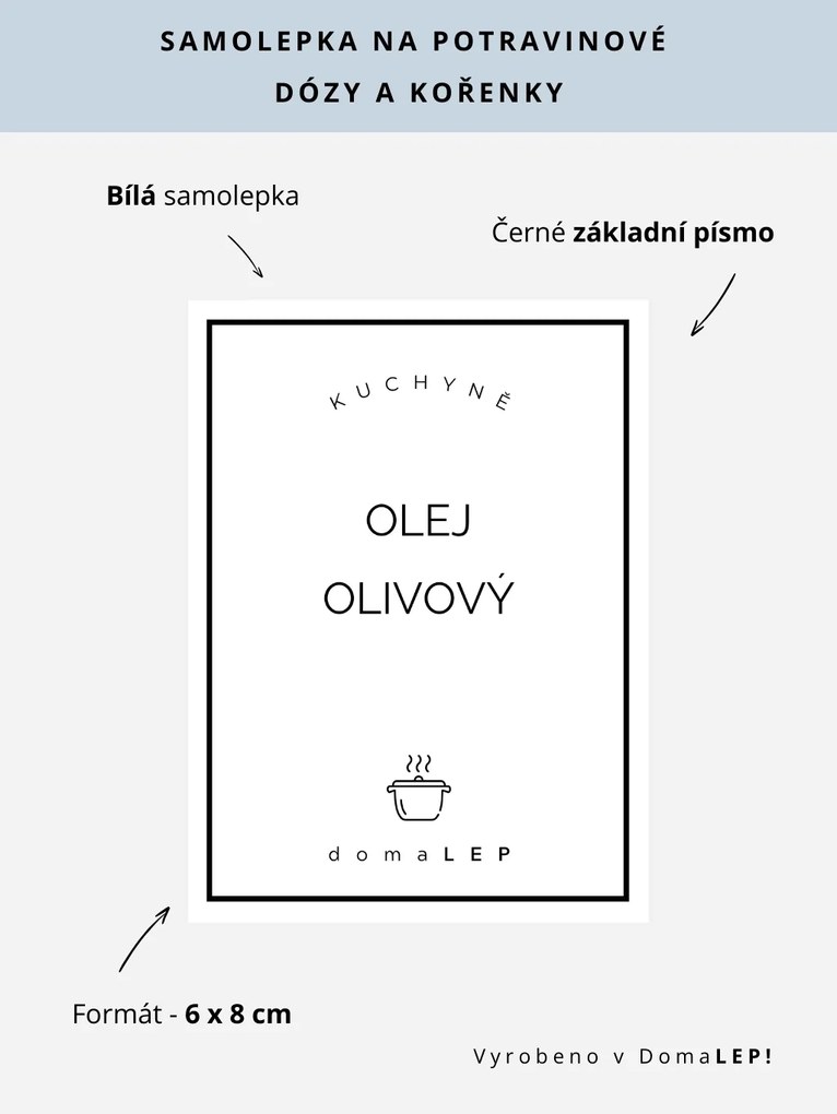 Samolepka na láhev OLEJ OLIVOVÝ – bílá, 6 x 8 cm, základní písmo