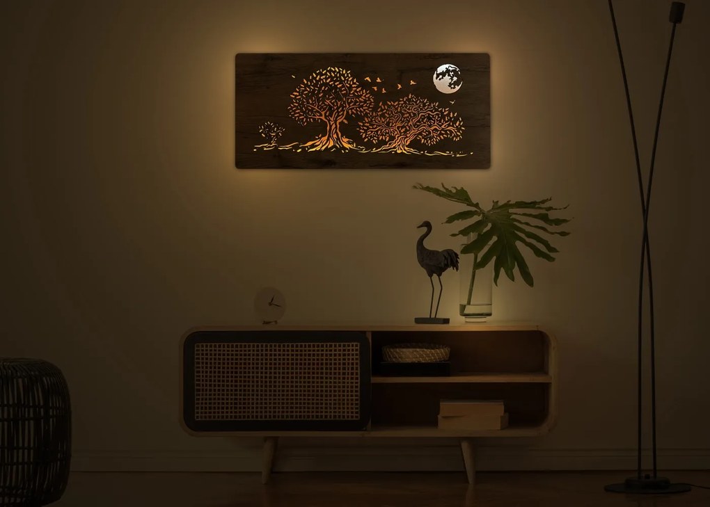 Li-Go "Tři duby a měsíc" světelný obraz s baterií 90x40cm varianta: ovládání na obraze včetně dálkového ovladače, provedení: bříza