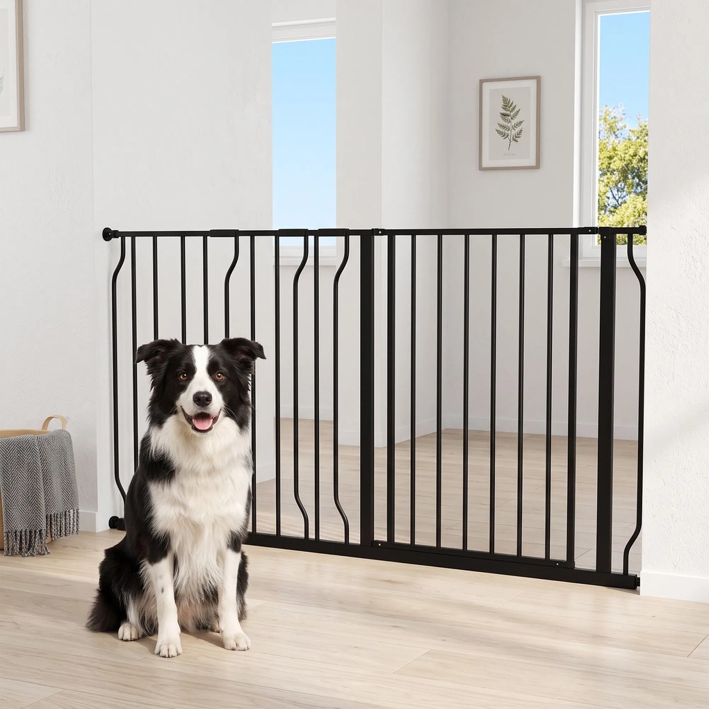 Bezpečnostní branka pro psy PawHut, 75-145 cm, nastavitelná, otevírání do dvou směrů, dvojité zamykání, montáž bez vrtání, ABS, ocel, černá