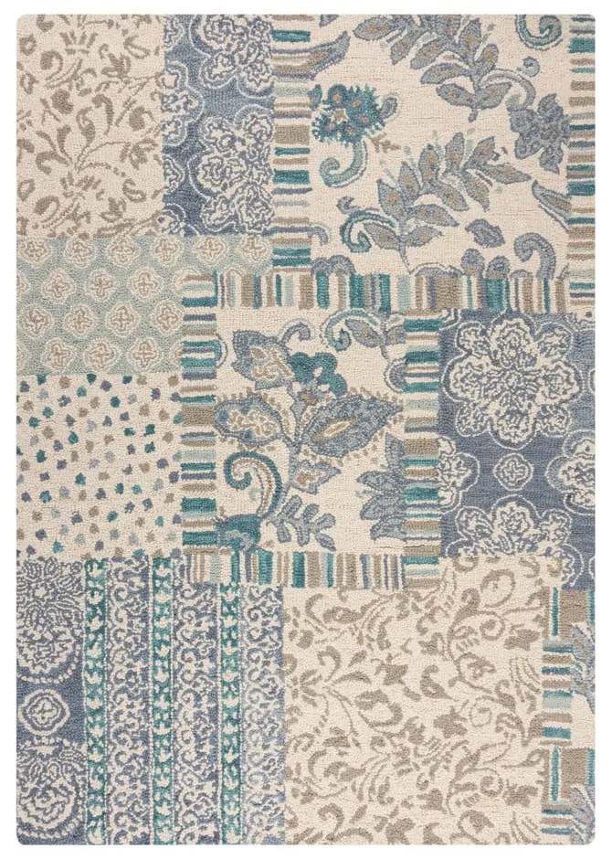 Modrý/béžový ručně tkaný vlněný koberec 200x290 cm Eloise Patchwork – Flair Rugs