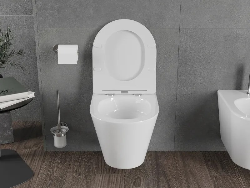Mexen Rico, závěsná WC mísa 490x360x370 mm, Rimless Tornádo + WC sedátko z duroplastu, bílá lesklá, 30720300T