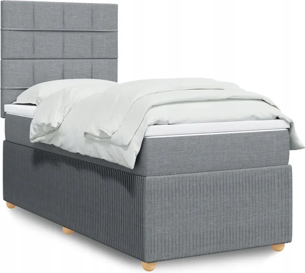 Box Spring Postel S Matrací Textil Světle Šedá Blok se čtverci 90 x 190 c