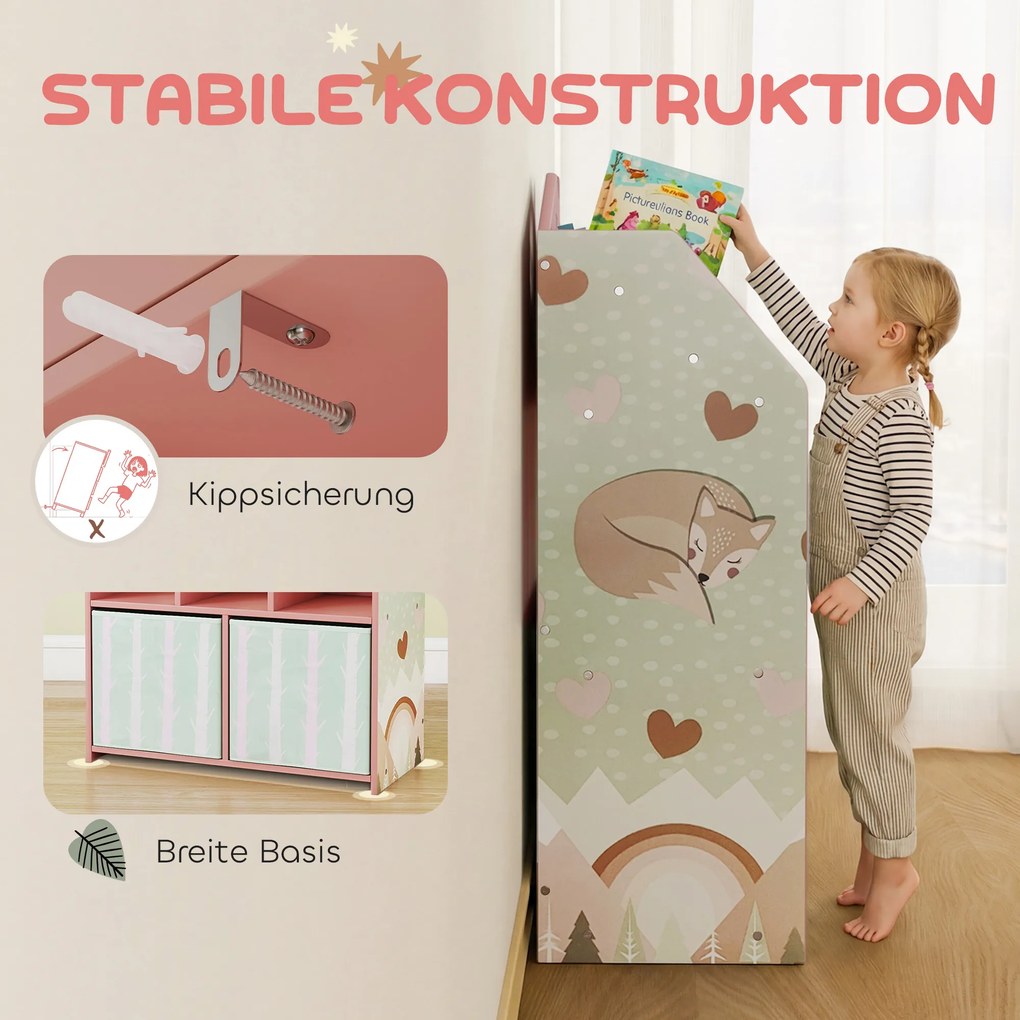 Dětský regál Dětský regál se 2 látkovými zásuvkami otevřený Regál pro 3-8 let 62,5x30x91,5 cm Růžový