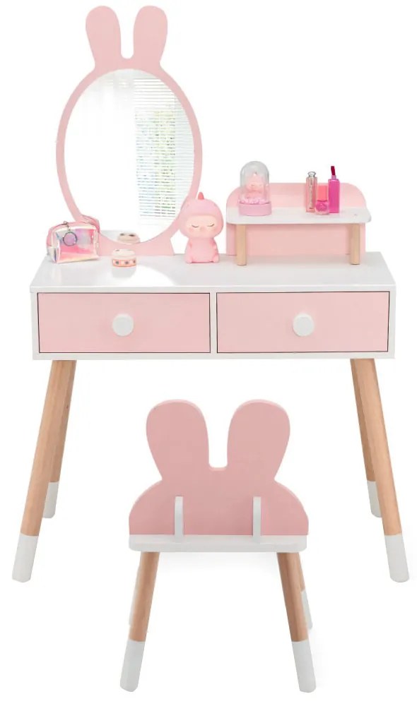 Dětský toaletní stolek s králíkem, zrcadlem a židlí
