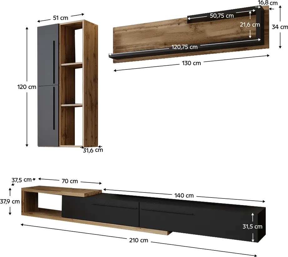 Kondela Obývací stěna, dub tacho/antracit, KALVADOS 2
