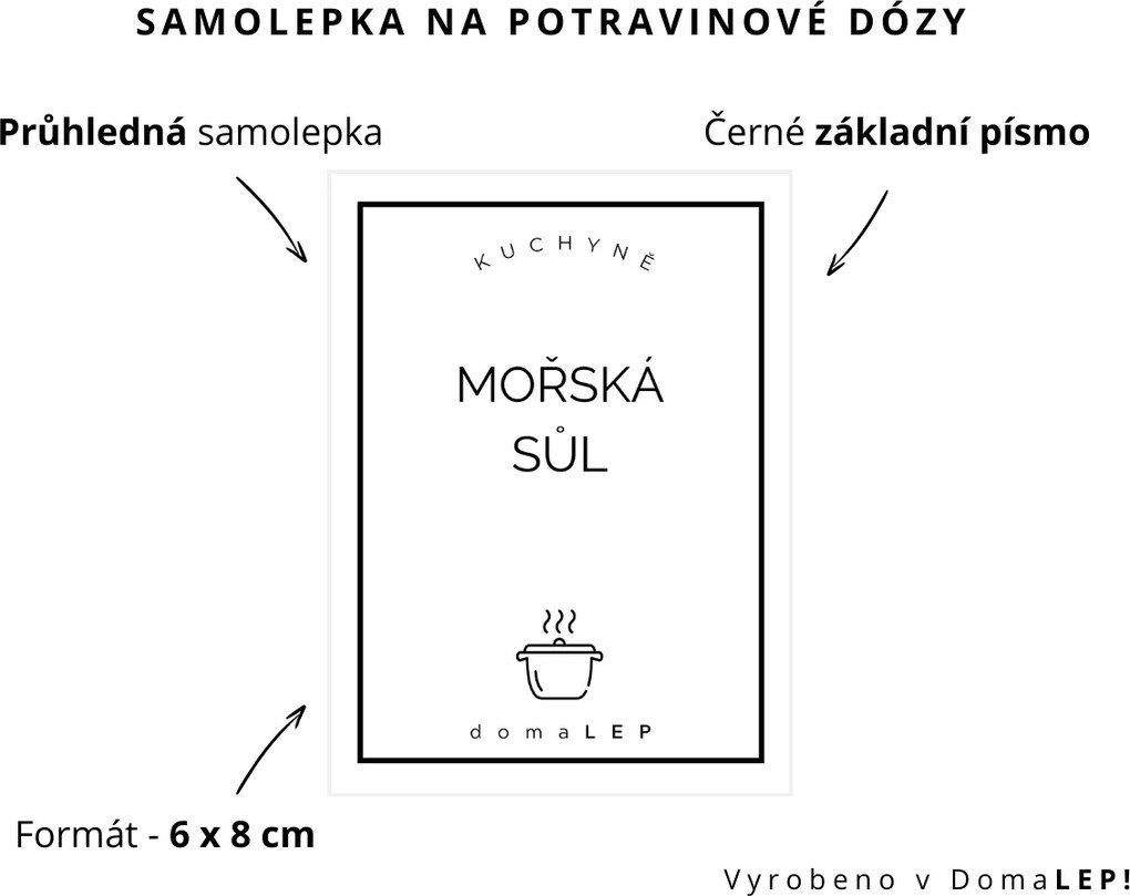 MOŘSKÁ SŮL - omyvatelná samolepka na dózu, výběr rozměrů Ø 5 cm / 5 x 5 cm / 6 x 8 cm | DomaLEP tvar: KOLEČKO, barva: PRŮHLEDNÁ - ČERNÉ písmo, velikost: Ø 5 cm - tučné písmo
