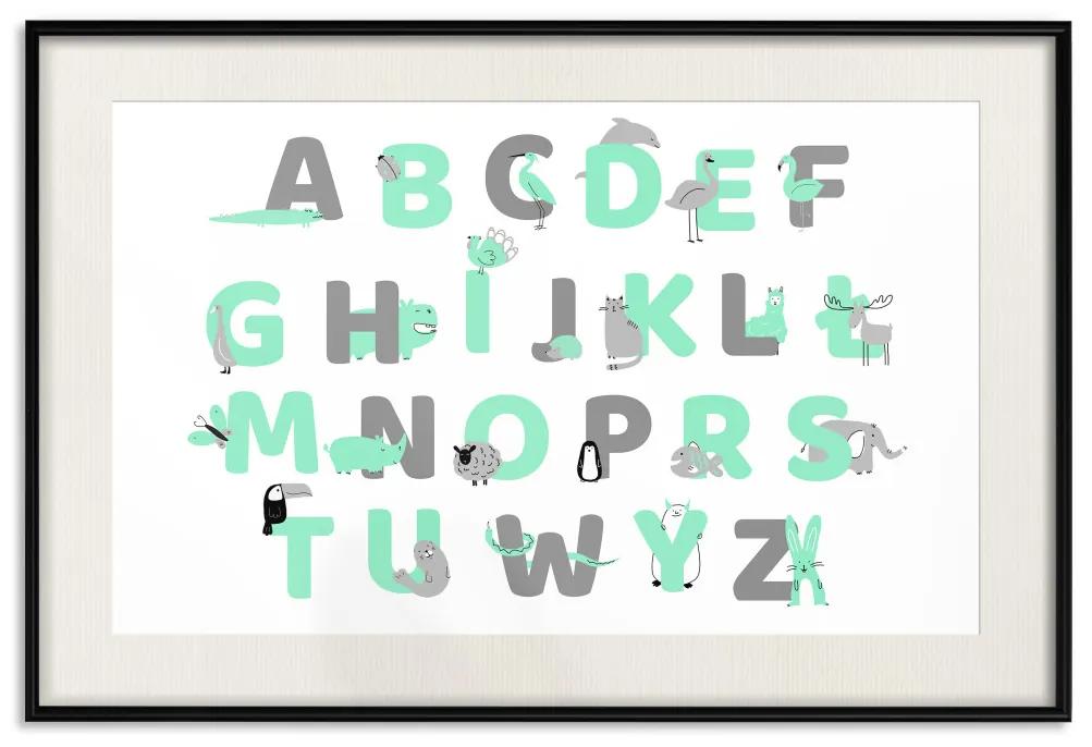 Plakát Polská abeceda pro děti - šedá a mátová písmena se zvířátky