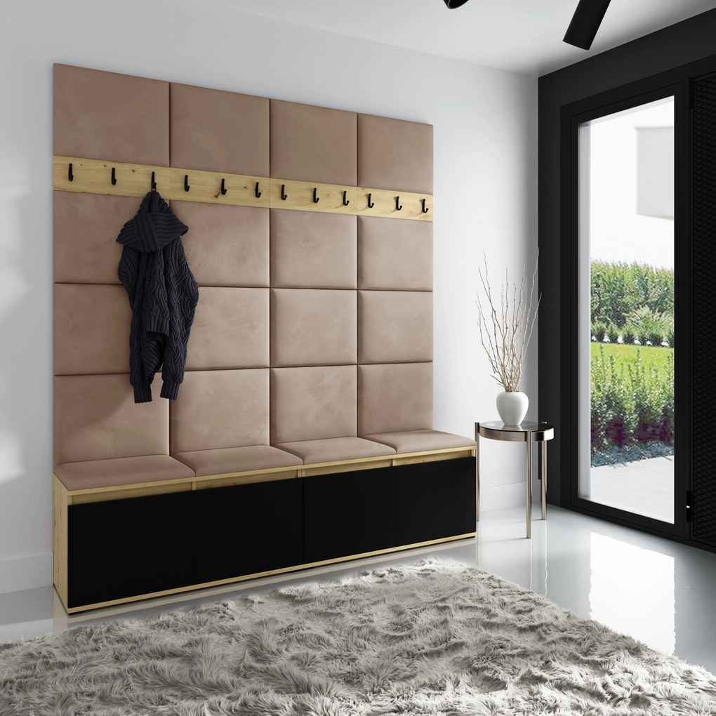 Eka Předsíňová stěna s čalouněnými panely Trinity 4 - Dub Artisan s černou / Béžová 2304