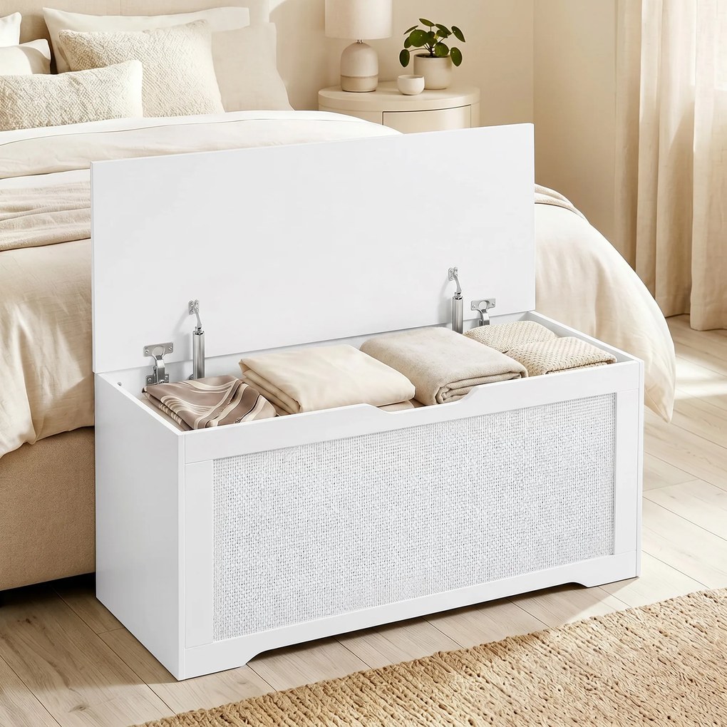 HOMCOM úložný box 108L Úložná lavička s ratanovým panelem, skládací víko, podpěrná ramena pro chodbu 80x40x45cm Bílá