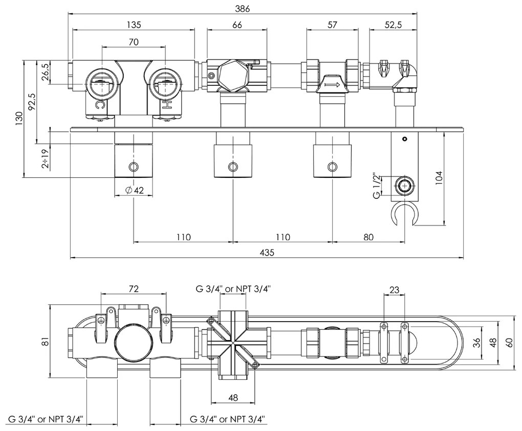 Sapho, Podomítková termost. baterie s držákem ruční sprchy, 2 výstupy, kulatý, chrom, MB623