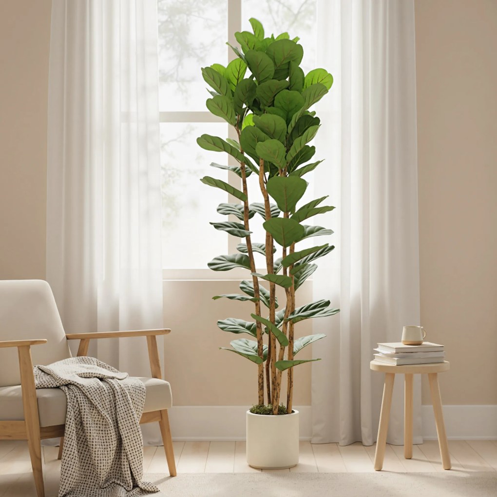 HOMCOM umělý fíkovník (Fiddle Leaf Fig), 180 cm, 91 listů, kmen z masivního dřeva, v květináči — realistická plastová rostlina do obýváku, ložnice, k…