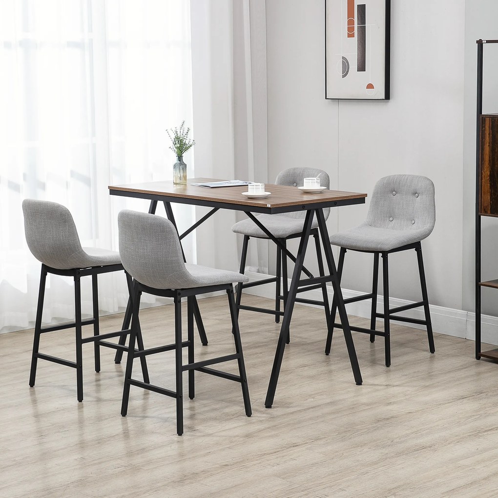 HOMCOM Barový set 5 ks s barovými židlemi, jídelní set do kuchyně, bistro stůl se 4 židlemi, kov, světle hnědá, 120x60x91 cm