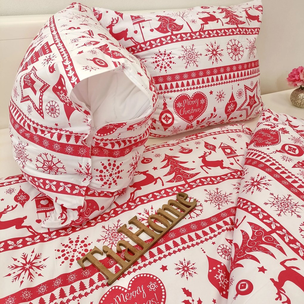 Povlečení bavlněné Vánoční povlečení Christmas červené TiaHome - 1x Polštář 90x70cm, 1x Přikrývka 140x200cm