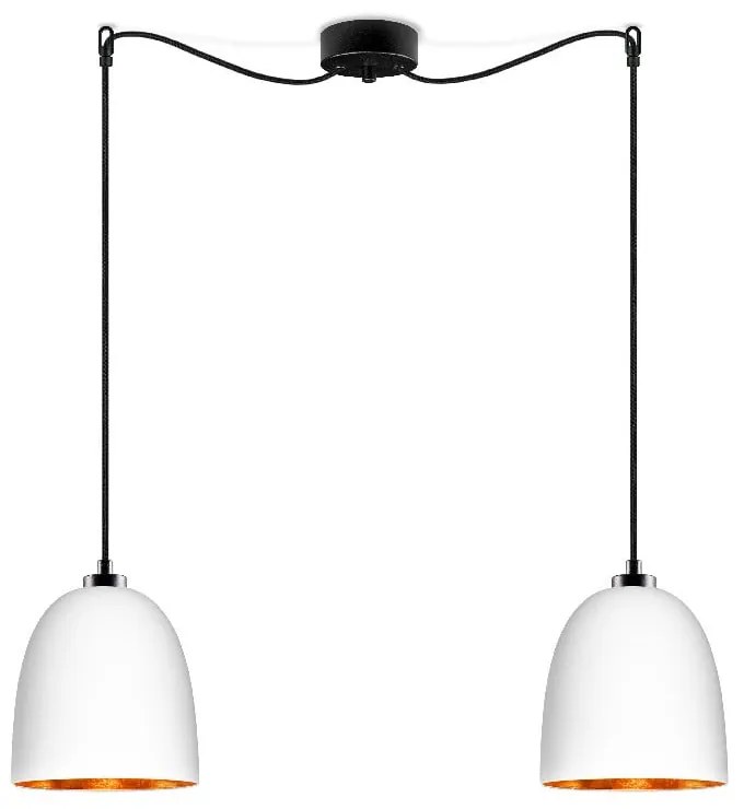 Bílé dvouramenné závěsné svítidlo s černým kabelem a detailem v měděné barvě Sotto Luce Awa Matte