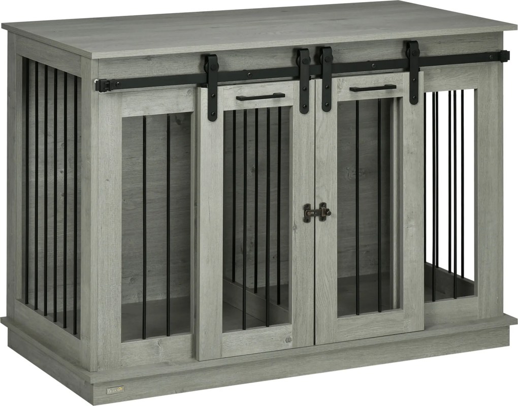 PawHut Psí Obojek s Možností Dvou Místností, Moderní Kovový Box pro Psy s 2 Dveřmi, Psí Dům pro Velké Psy do 30 kg, Psí Dům 120 x 60 x 88,5 cm Šedý