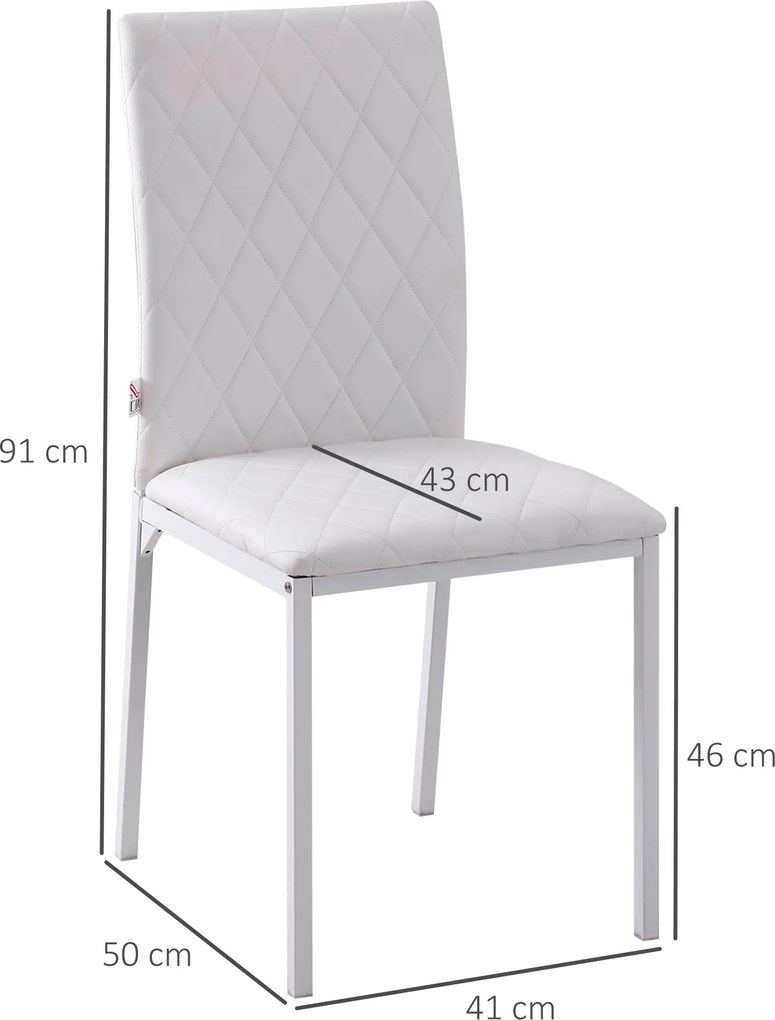 HOMCOM Sada 4 Čalouněných Jídelních Židlí v Umělé Kůži s Kovovými Nohami - Moderní Židle do Kuchyně a Ložnice - Nosnost 120 kg, 41x50x91 cm, Bílá