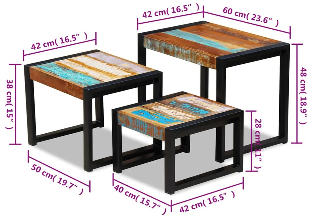 vidaXL Marketos Tři stohovatelné stolky masivní recyklované dřevo