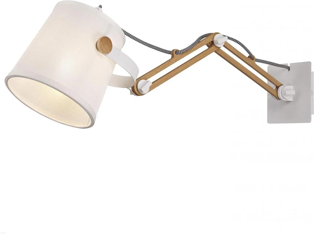 Mantra 5466 Nordica II, nástěnná lampička s dvojitým ramenem, 1x23W  E27,kov-bílá/dřevo, stínítko z bílé textilie, délka 30-68cm | BIANO