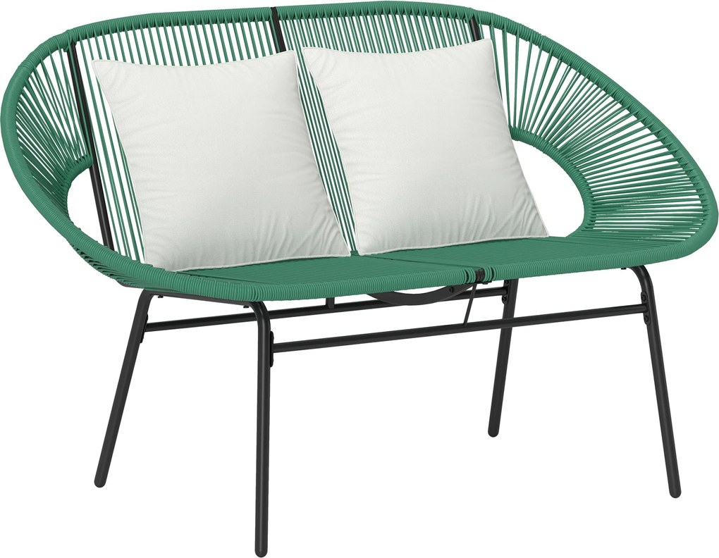 Outsunny zahradní lavička pro 2 osoby z oceli a syntetického lana s 2 polštářky - rozměry 132D x 72Š x 83V cm - tmavě zelená