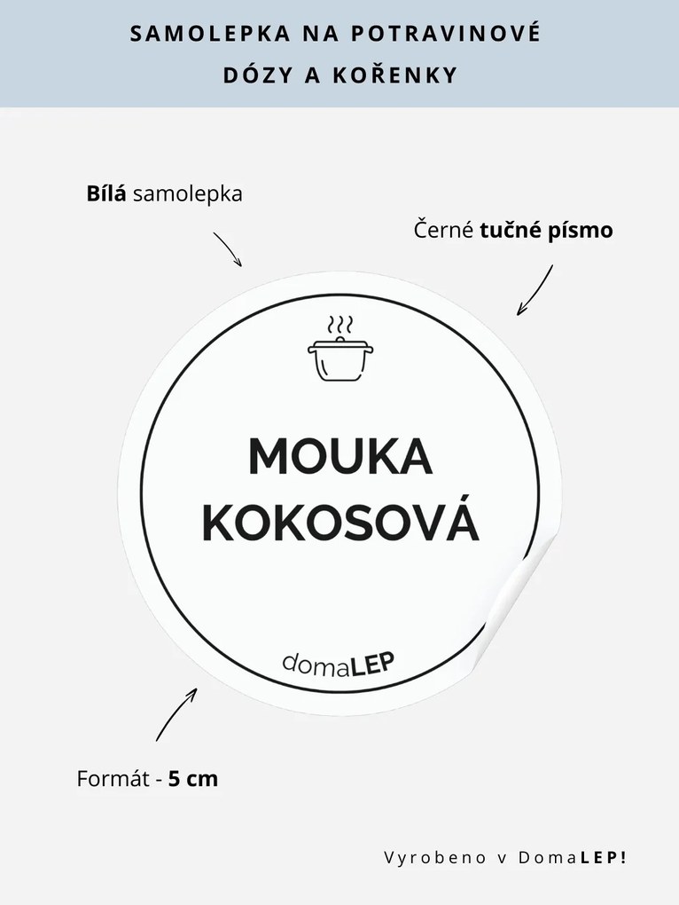 MOUKA KOKOSOVÁ - omyvatelná samolepka na dózu, výběr rozměrů Ø 5 cm / 5 x 5 cm / 6 x 8 cm | DomaLEPomyvatelná samolepka na dózu, výběr rozměrů Ø 5 cm / 5 x 5 cm / 6 x 8 cm | DomaLEP