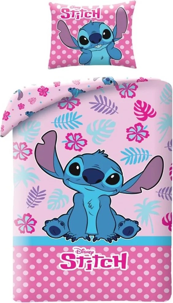Růžové bavlněné ložní povlečení Stitch - motiv z pohádky Lilo a Stitch - 100% bavlna - 70 x 90 cm + 140 x 200 cm