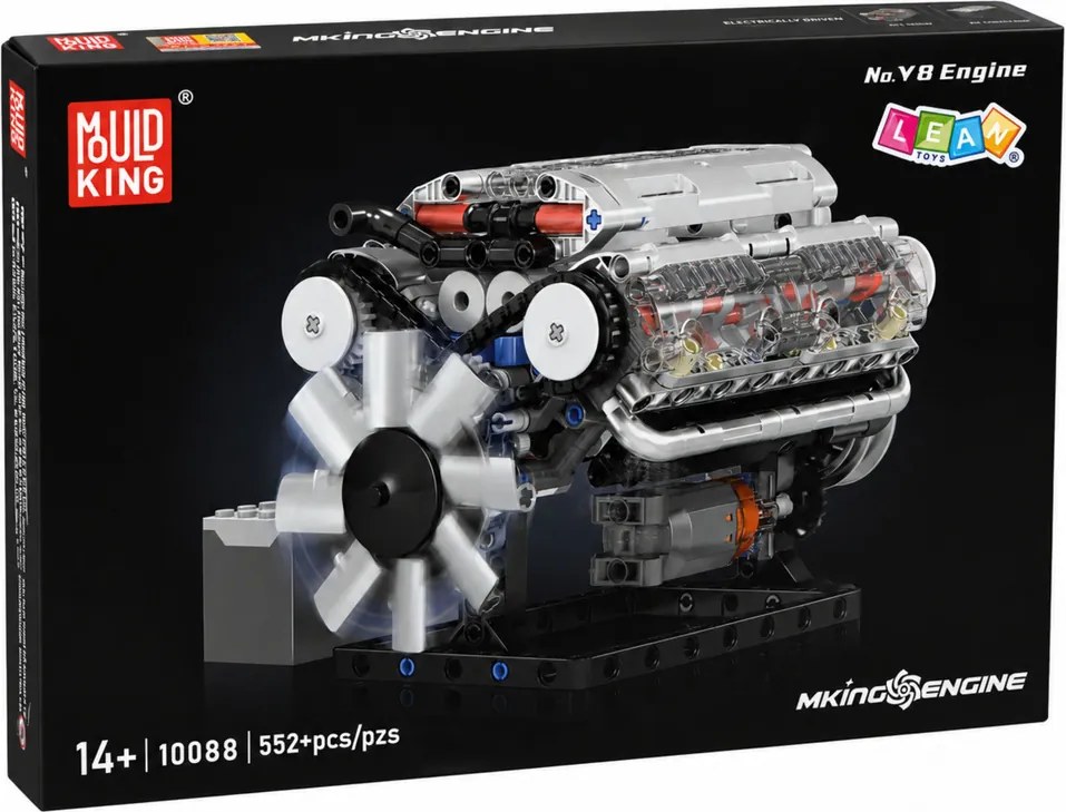 LEAN Toys Stavebnicové kostky – Motor V8, mechanický model, pohyblivé písty, 552 dílů