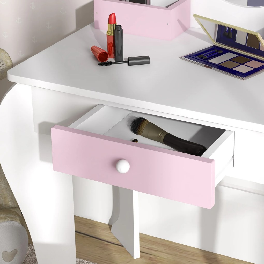 ZONEKIZ dětský toaletní stolek se stoličkou a zrcadlem, toaletní stolek pro dívky se zásuvkou a přihrádkami, design jednorožce, bílý