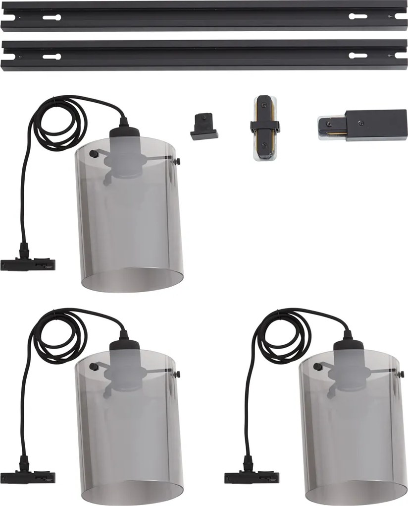 Modern 1-Phase Track System Black with 3 Smoke Glass Pendant Lamps - Iconic Dome