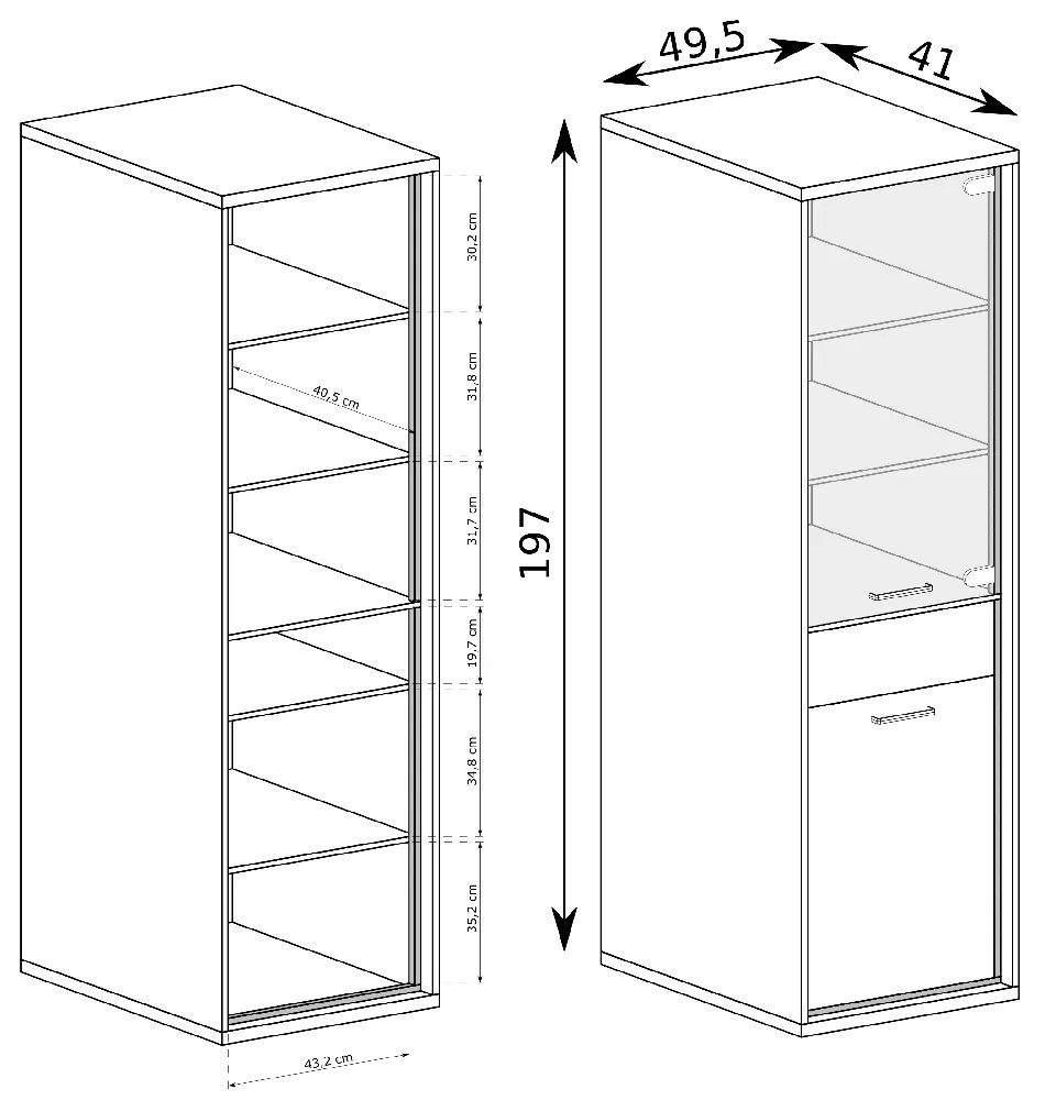 Mediolan - vitrína M4 + KOVOVÉ NOŽIČKY - natural hikora + dekorační deska