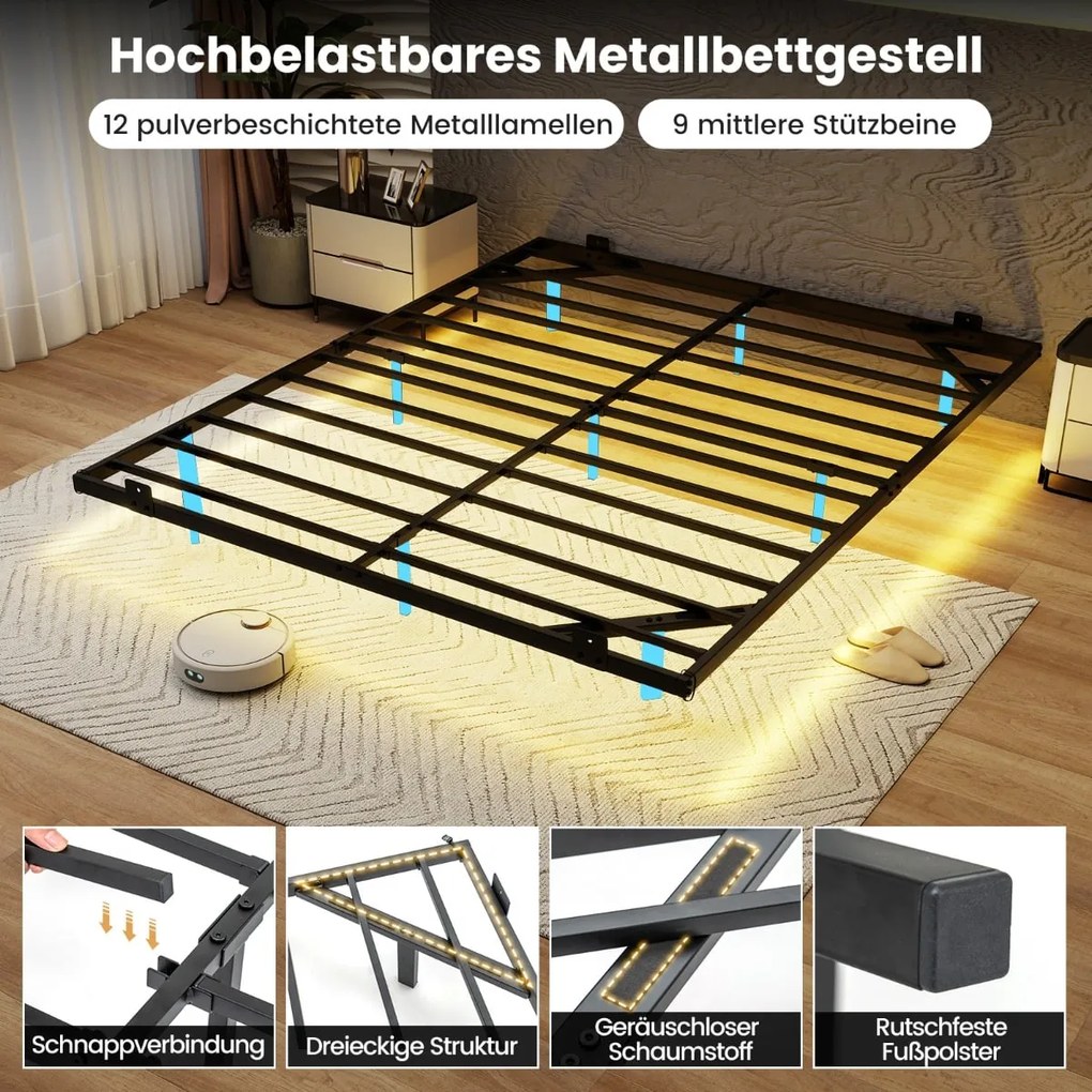 Costway Rám plovoucí postele Queen s LED světly moderní kovový rám