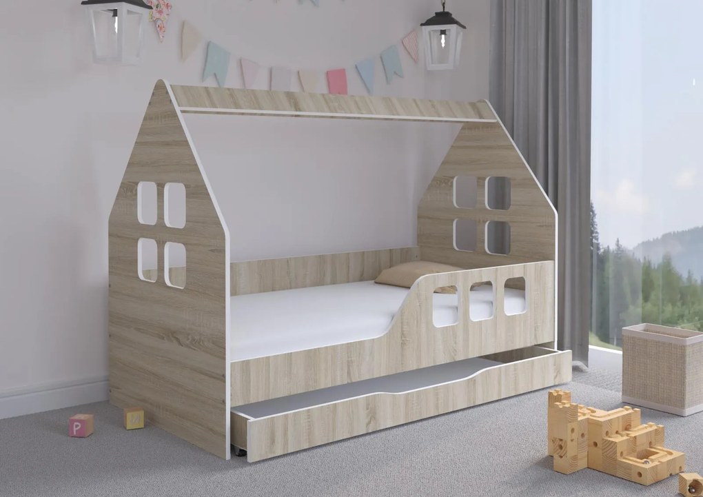 Dětská domečková postel KIDHOUSE se šuplíkem - sonoma - pravá - 160x80 cm