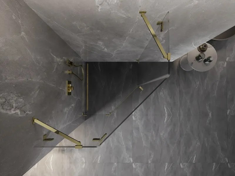 Mexen Lunar, Pětiúhelníkový sprchový kout Mexen Lunar naklápěcí doleva 100 x 100 cm, 8mm čiré sklo, zlatý profil, 831-100L-100P-50-00-L