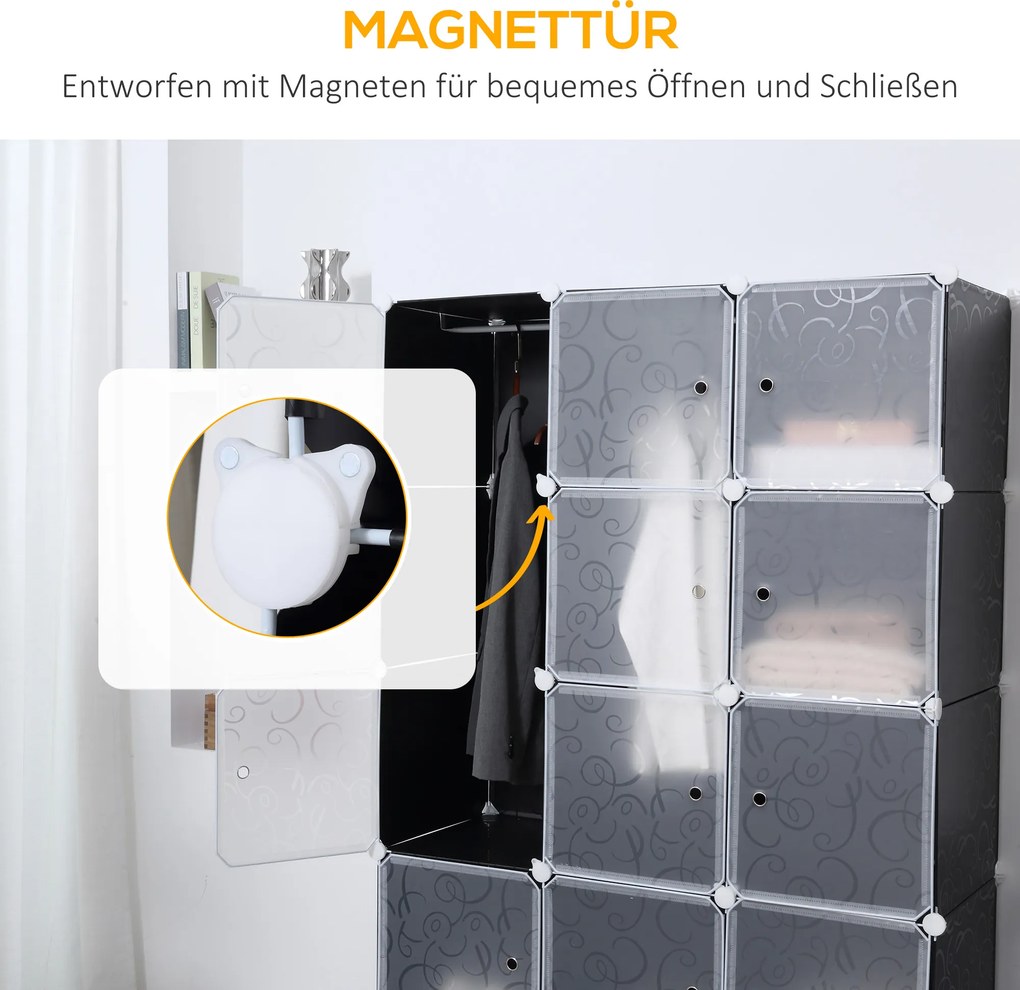 HOMCOM DIY systém polic pro šatníky s 2 velkými a 9 malými kostkami - DIY organizér, botník, úložný regál na knihy a hračky, černý 111 x 47 x 183 cm