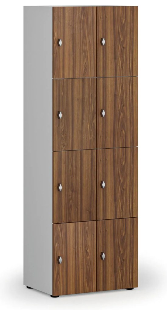 Dřevěná šatní skříňka S4 s úložnými boxy, 8 boxů, demont, otočný zámek, šedá/ořech