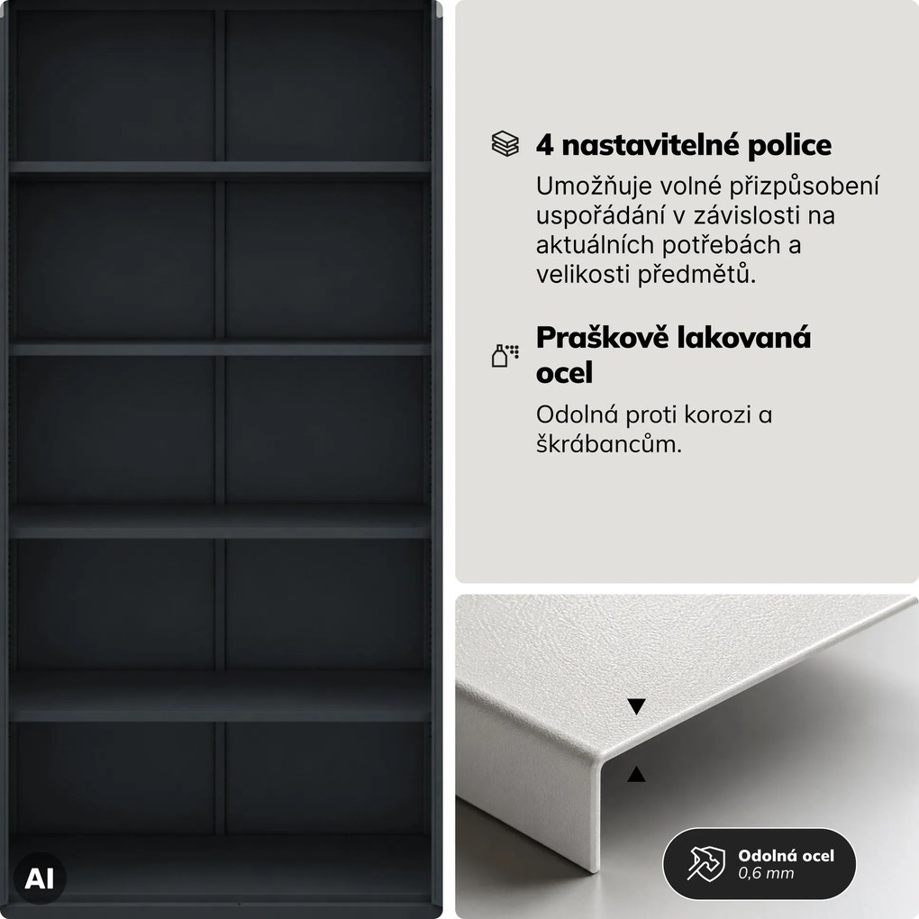 Kovová skříň s vitrínou antracitová, ořech, 900x1850x400 mm: AMELIA Eco Design
