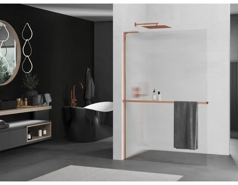 Mexen Kioto+ L, sprchová zástěna Walk-In s poličkou a věšákem 100 x 200 cm, 8mm sklo s žebrovým vzorem, růžové zlato profil, 800-100-123-60-09