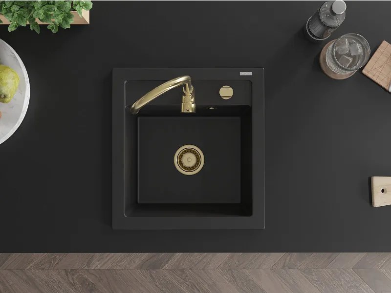 Mexen Vito, granitový dřez 520x490x210 mm, 1-komorový, černá se zlatým sifonem, 6503521000-77-G