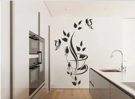 Samolepka na zeď do kuchyně s květinami, motýlem a šálkem 50 x 100 cm