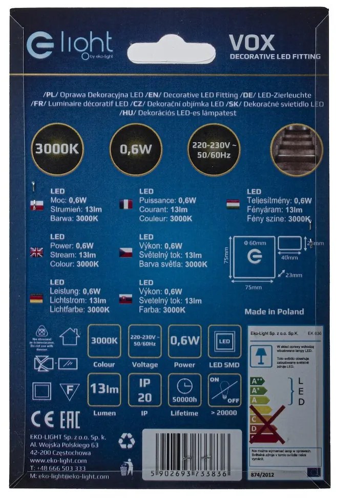 Schodišťové LED svítidlo Vox, 1x LED 0,6w, 3000k, s