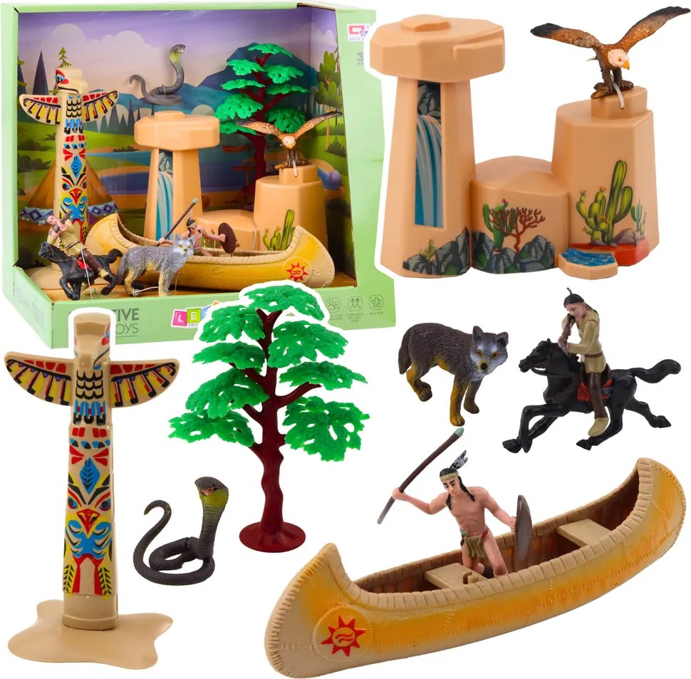 LEAN Toys Sada figurek indiánská vesnice indiáni kánoe totem