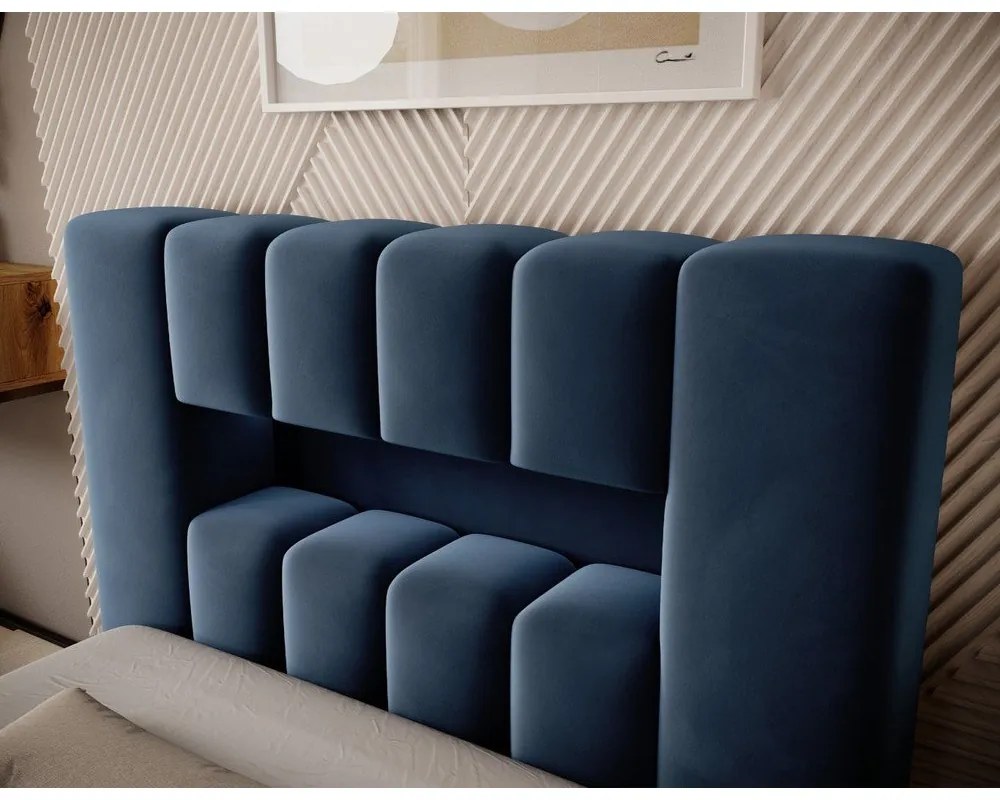 Tmavě modrá čalouněná jednolůžková postel s úložným prostorem s roštem 90x200 cm Lamica – ELTAP