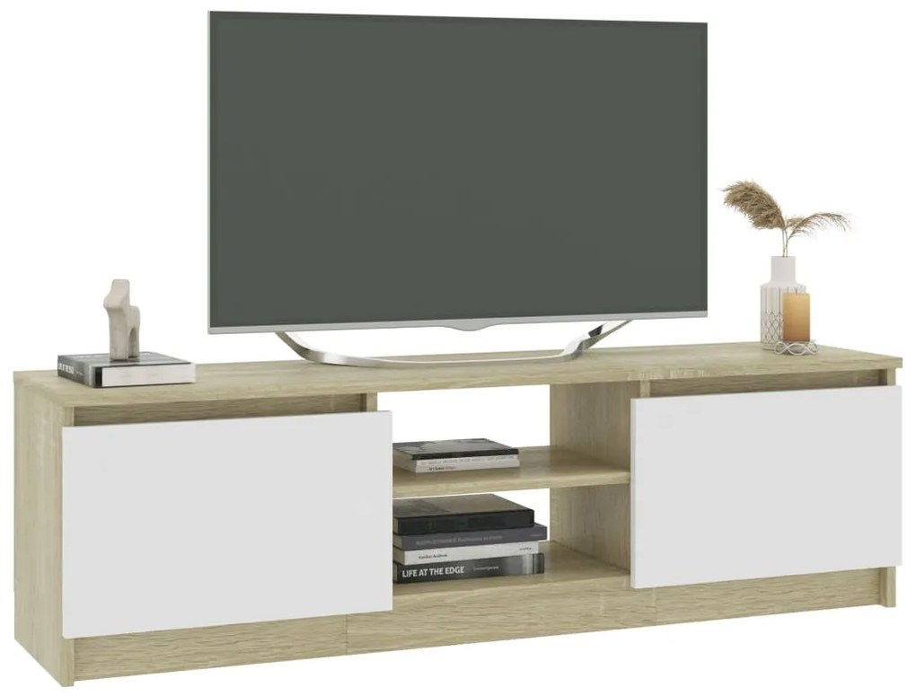 TV stolek Rakby - bílý a dub sonoma | 120x30x35,5 cm