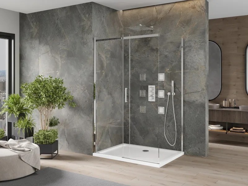 Mexen Omega sprchový kout s posuvnými dveřmi 140 x 90 cm, 8mm čiré sklo-chromový profil + sprchová vanička, 825-140-090-01-00-4010