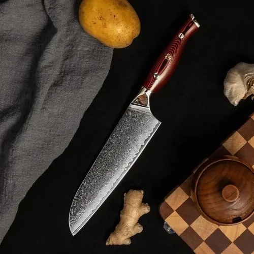 KnifeBoss kuchářský damaškový nůž Santoku 7.5" (190 mm) Black & Red VG-10