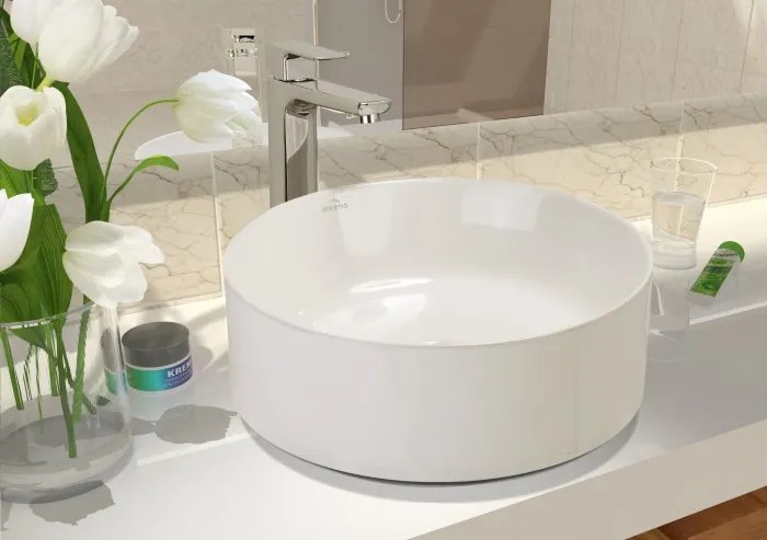 Invena Kos, keramické umyvadlo na desku 415x415x135 mm, bílá lesklá, INV-CE-38-001-C