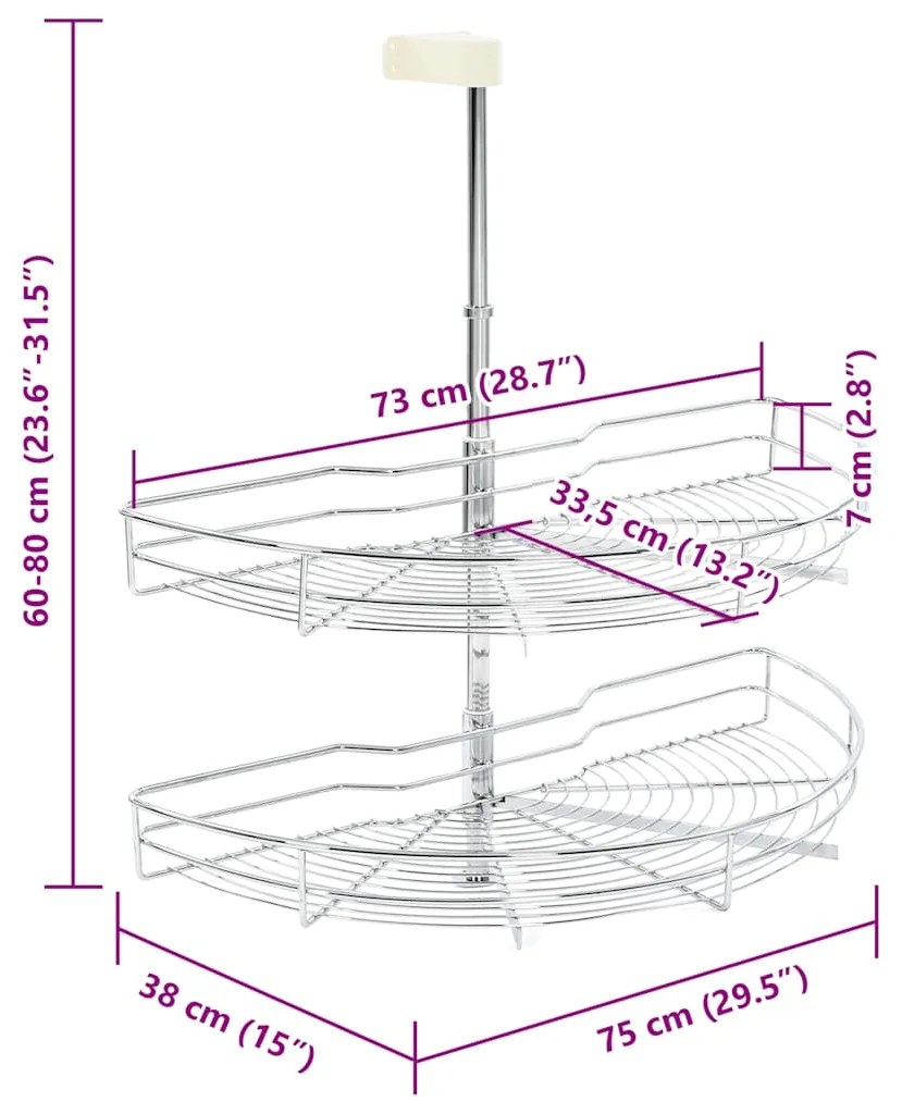 vidaXL Marketos 2patrový kuchyňský drátěný koš stříbrný 180 stupňů 75x38x80 cm