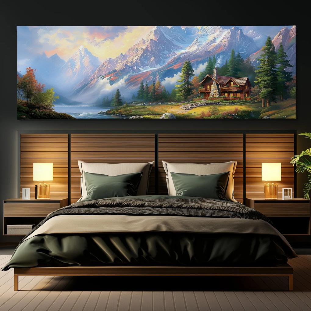 Obraz na plátně - Kouzelná chata v údolí hor FeelHappy.cz Velikost obrazu: 150 x 50 cm