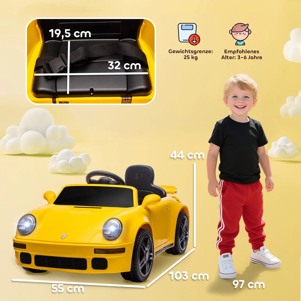 AIYAPLAY dětské elektrické auto, 12V dětské auto s dálkovým ovládáním, jemný start, MP3 přehrávač, LED světla, klakson, ukazatel energie, žlutá