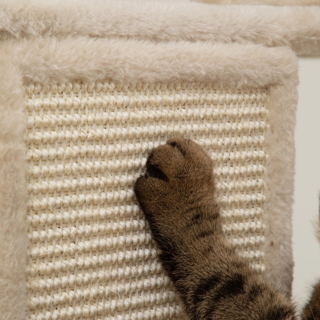 PawHut Velký Škrabací Strom pro Kočky Výška 206 cm S Platinami, Jeskyněmi, Visícími Míčky a Houpacími Sítí Bežová