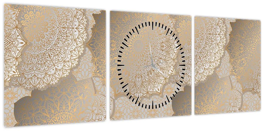 Obraz - Mandaly ve zlatých tónech (s hodinami) (90x30 cm)